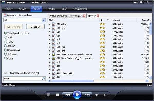 Ares 2.1.7, programa para compartir archivos entre usuarios