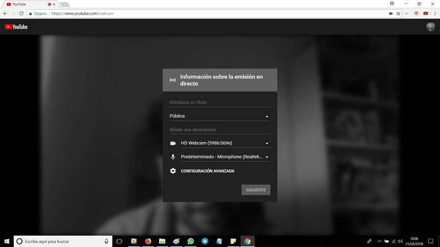 Probamos el streaming en directo de YouTube desde la webcam