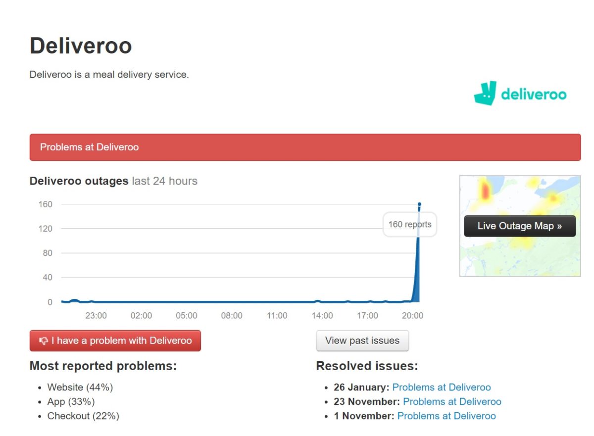 Deliveroo caído, problemas con el servicio para pedir comida online