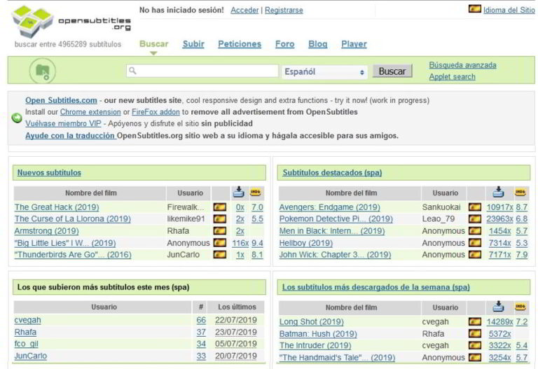 5 páginas para descargar gratis subtítulos en Español en 2019