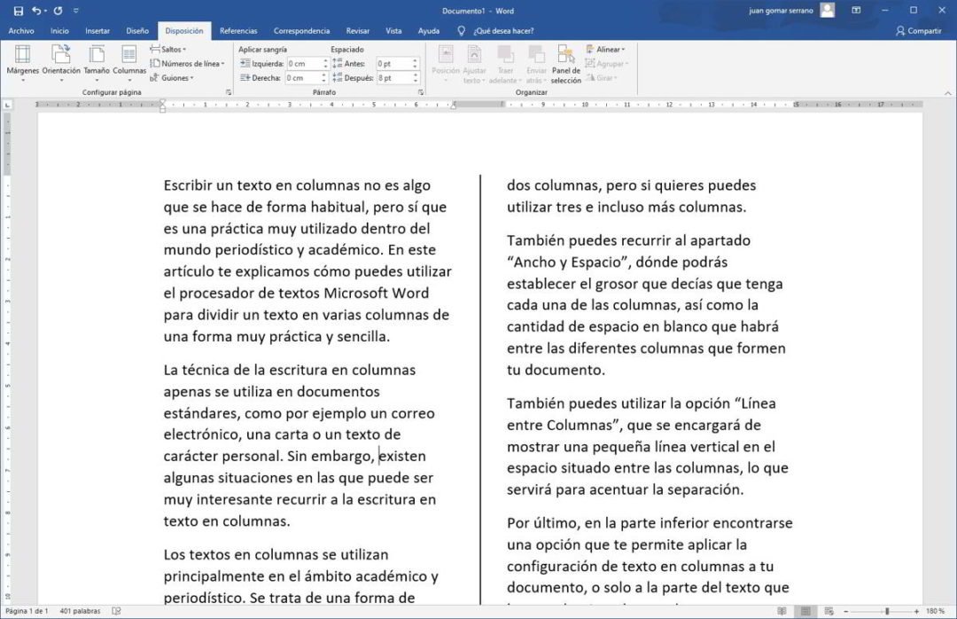 Cómo dividir un documento de Word en dos columnas