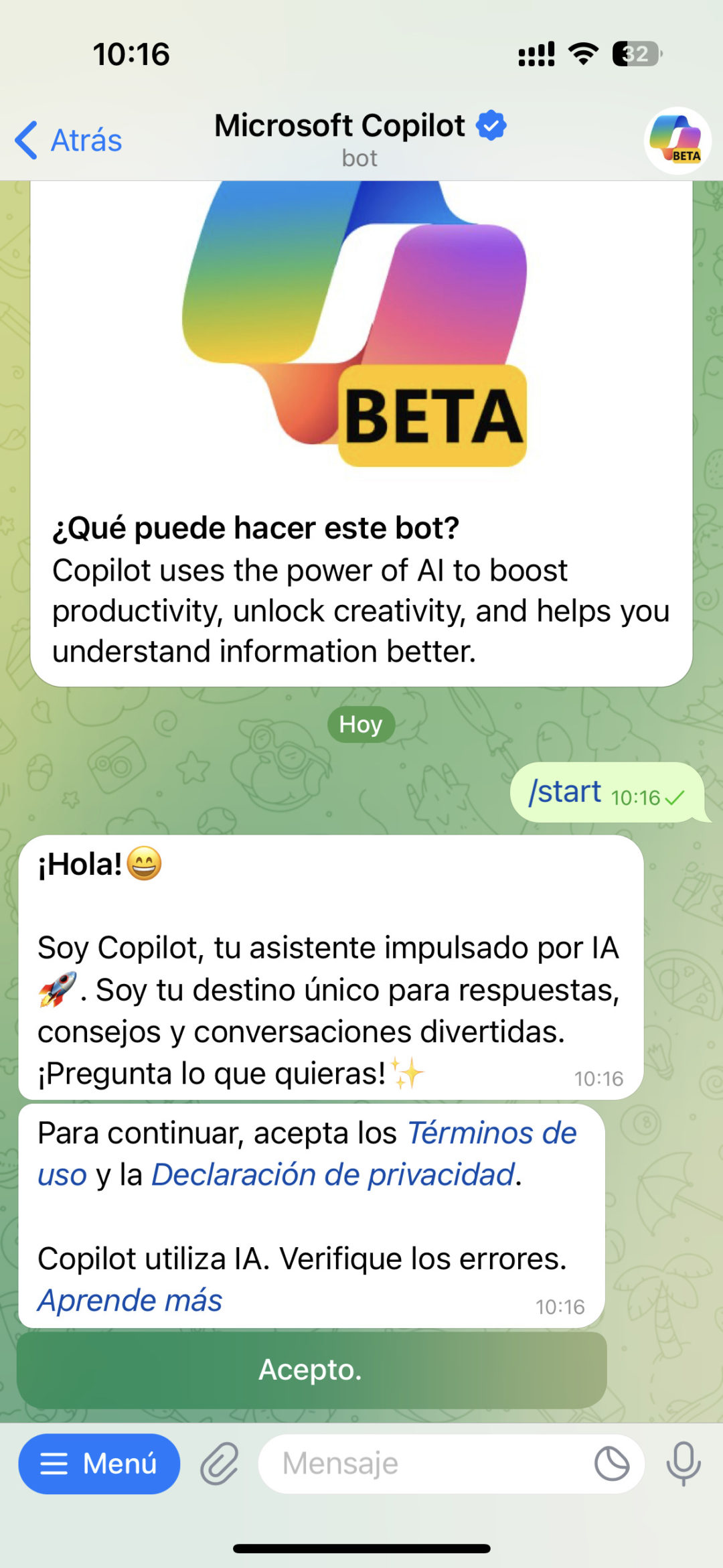 Cómo utilizar el bot de Copilot en Telegram